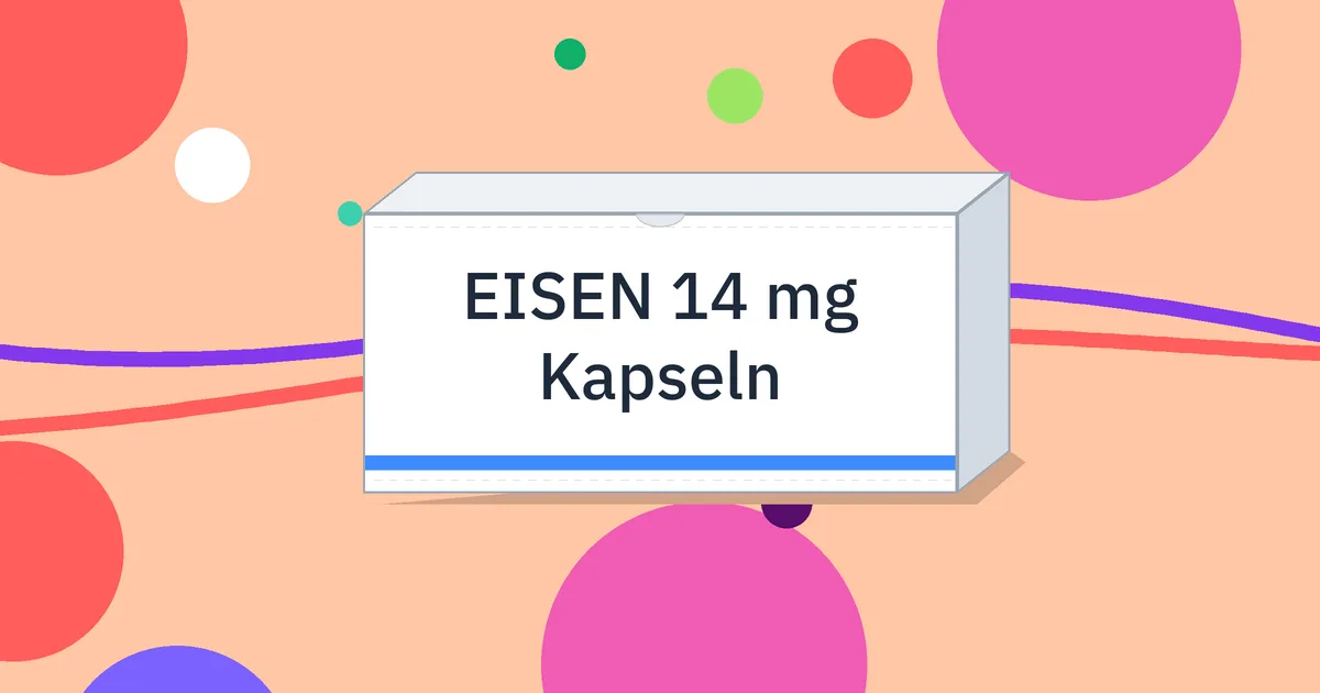 Symbolbild: Packung mit der Aufschrift EISEN 14 mg Kapseln (PZN 18665438) – Verfügbarkeit und Bezug in Apotheken in Frankfurt am Main