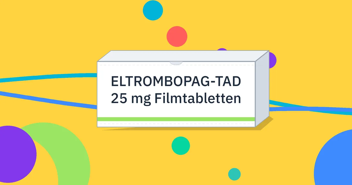 Symbolbild: Packung mit der Aufschrift ELTROMBOPAG-TAD 25 mg Filmtabletten (PZN 19878834) – Verfügbarkeit und Bezug in Apotheken in Frankfurt am Main