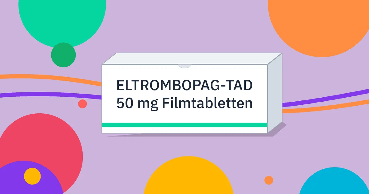 Symbolbild: Packung mit der Aufschrift ELTROMBOPAG-TAD 50 mg Filmtabletten (PZN 19878886) – Verfügbarkeit und Bezug in Apotheken in Frankfurt am Main