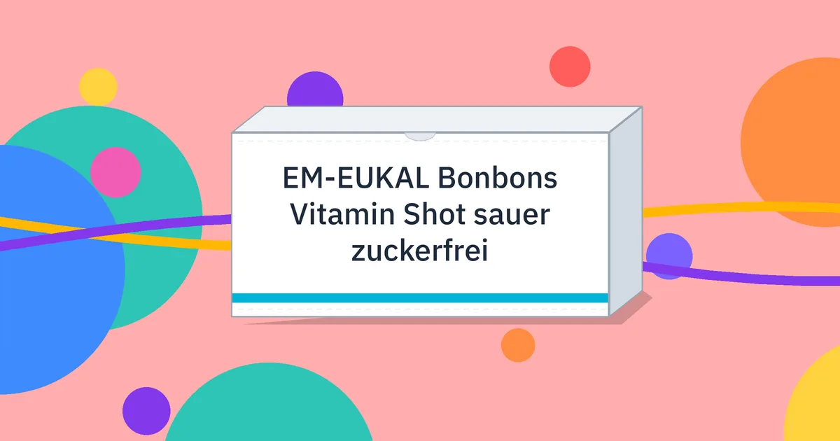 Symbolbild: Packung mit der Aufschrift EM-EUKAL Bonbons Vitamin Shot sauer zuckerfrei (PZN 18459153) – Verfügbarkeit und Bezug in Apotheken in Frankfurt am Main