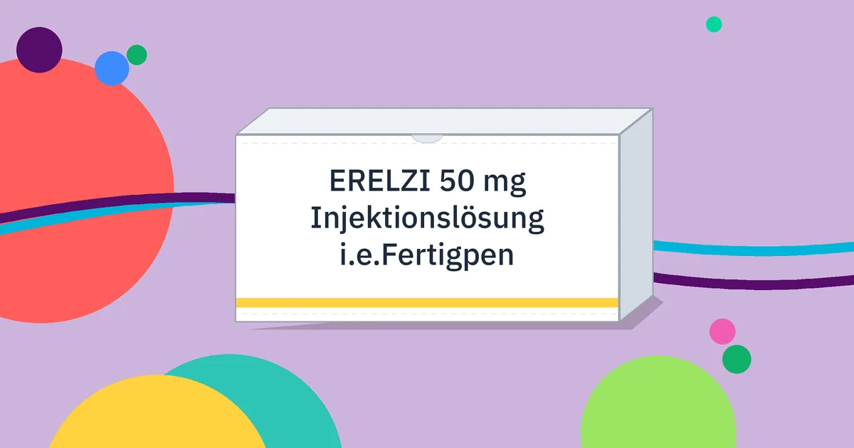 Symbolbild: Packung mit der Aufschrift ERELZI 50 mg Injektionslösung i.e.Fertigpen (PZN 18331507) – Verfügbarkeit und Bezug in Apotheken in Frankfurt am Main