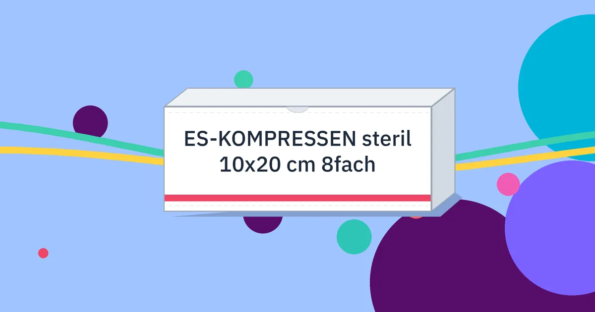 Symbolbild: Packung mit der Aufschrift ES-KOMPRESSEN steril 10x20 cm 8fach (PZN 18395016) – Verfügbarkeit und Bezug in Apotheken in Frankfurt am Main