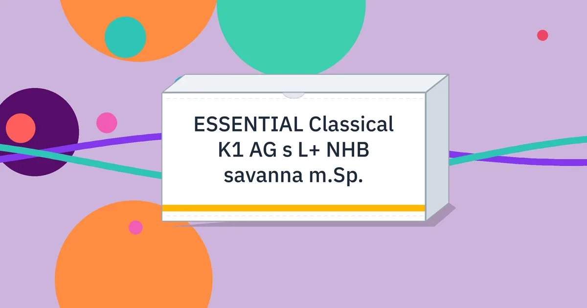 Symbolbild: Packung mit der Aufschrift ESSENTIAL Classical K1 AG s L+ NHB savanna m.Sp. (PZN 17003043) – Verfügbarkeit und Bezug in Apotheken in Frankfurt am Main