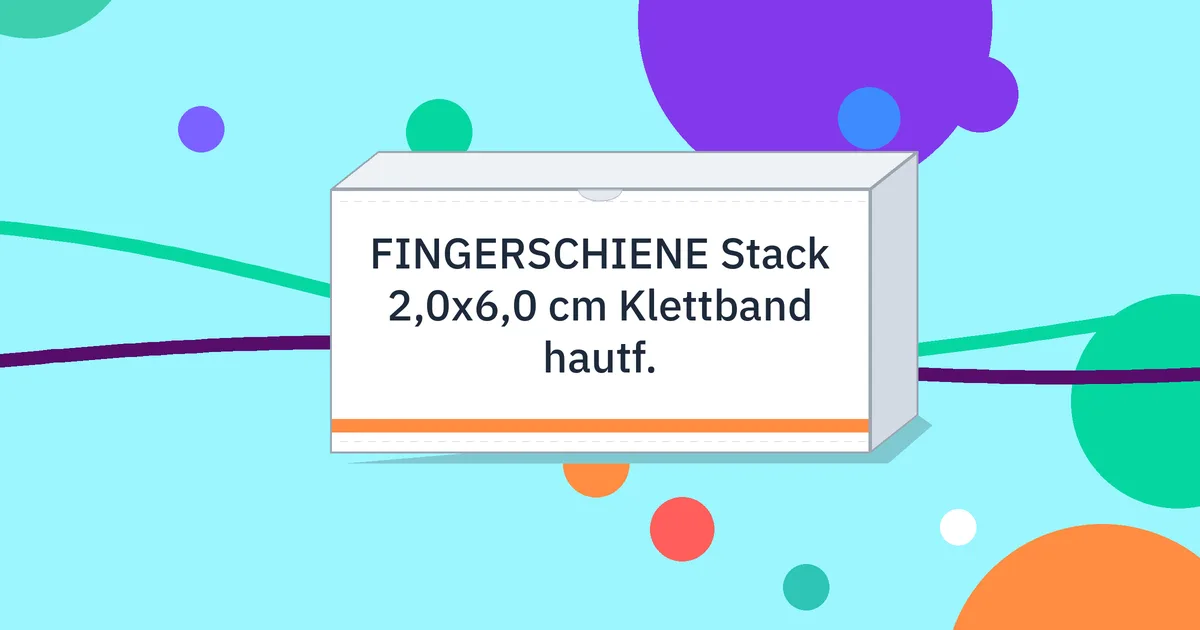 Symbolbild: Packung mit der Aufschrift FINGERSCHIENE Stack 2,0x6,0 cm Klettband hautf. (PZN 12423160) – Verfügbarkeit und Bezug in Apotheken in Frankfurt am Main