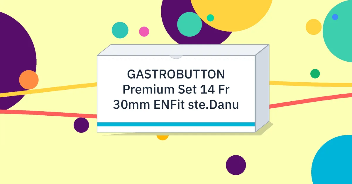 Symbolbild: Packung mit der Aufschrift GASTROBUTTON Premium Set 14 Fr 30mm ENFit ste.Danu (PZN 16883496) – Verfügbarkeit und Bezug in Apotheken in Frankfurt am Main