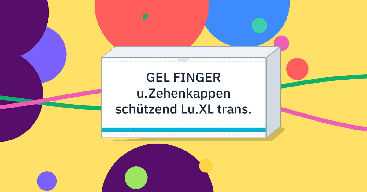 Symbolbild: Packung mit der Aufschrift GEL FINGER u.Zehenkappen schützend Lu.XL trans. (PZN 02909660) – Verfügbarkeit und Bezug in Apotheken in Frankfurt am Main