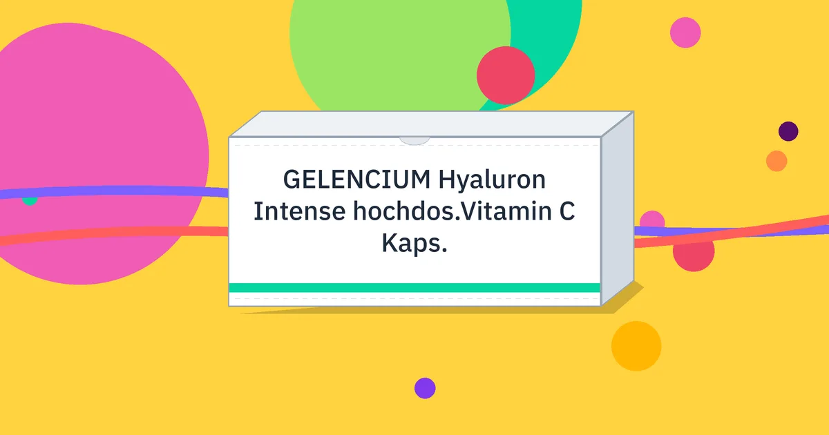 Symbolbild: Packung mit der Aufschrift GELENCIUM Hyaluron Intense hochdos.Vitamin C Kaps. (PZN 19176612) – Verfügbarkeit und Bezug in Apotheken in Frankfurt am Main