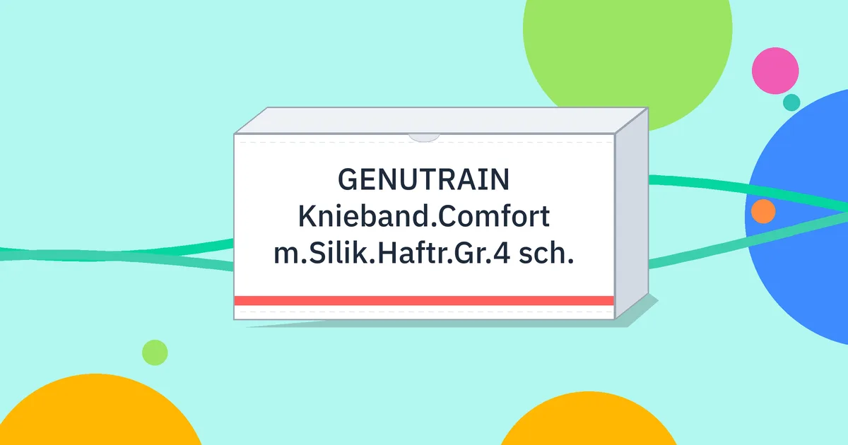 Symbolbild: Packung mit der Aufschrift GENUTRAIN Knieband.Comfort m.Silik.Haftr.Gr.4 sch. (PZN 12517406) – Verfügbarkeit und Bezug in Apotheken in Frankfurt am Main