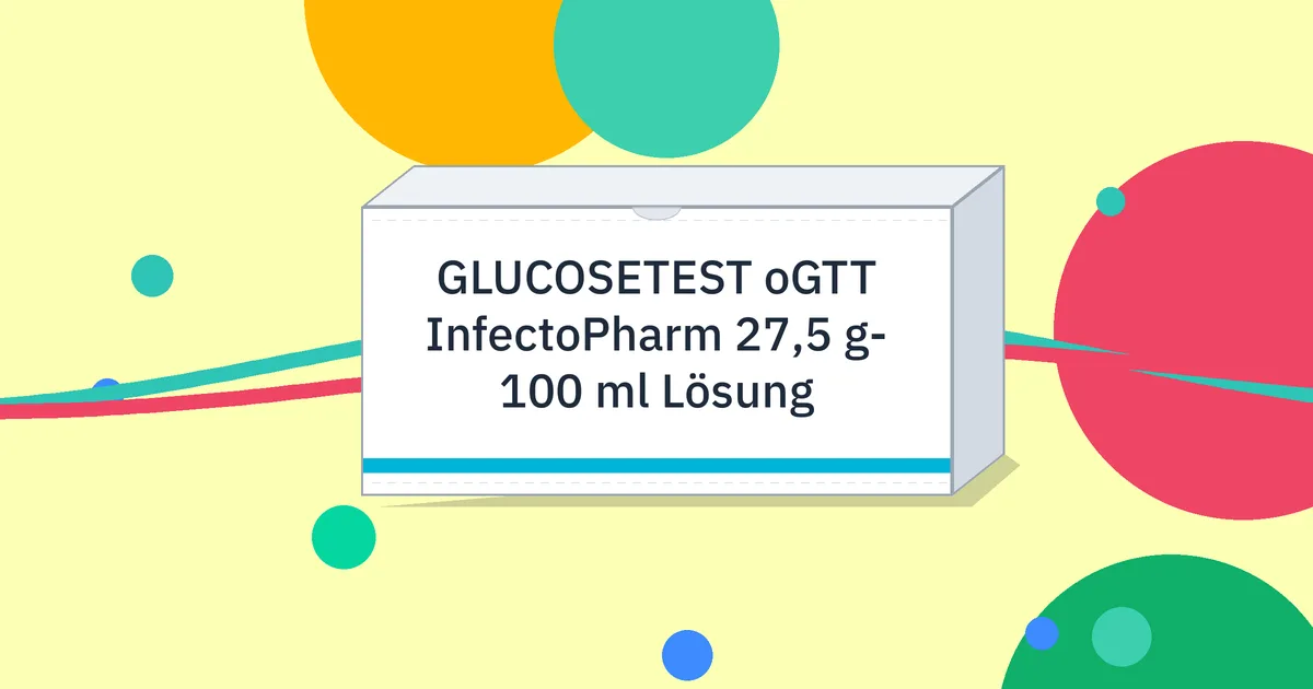 Symbolbild: Packung mit der Aufschrift GLUCOSETEST oGTT InfectoPharm 27,5 g-100 ml Lösung (PZN 18747142) – Verfügbarkeit und Bezug in Apotheken in Frankfurt am Main