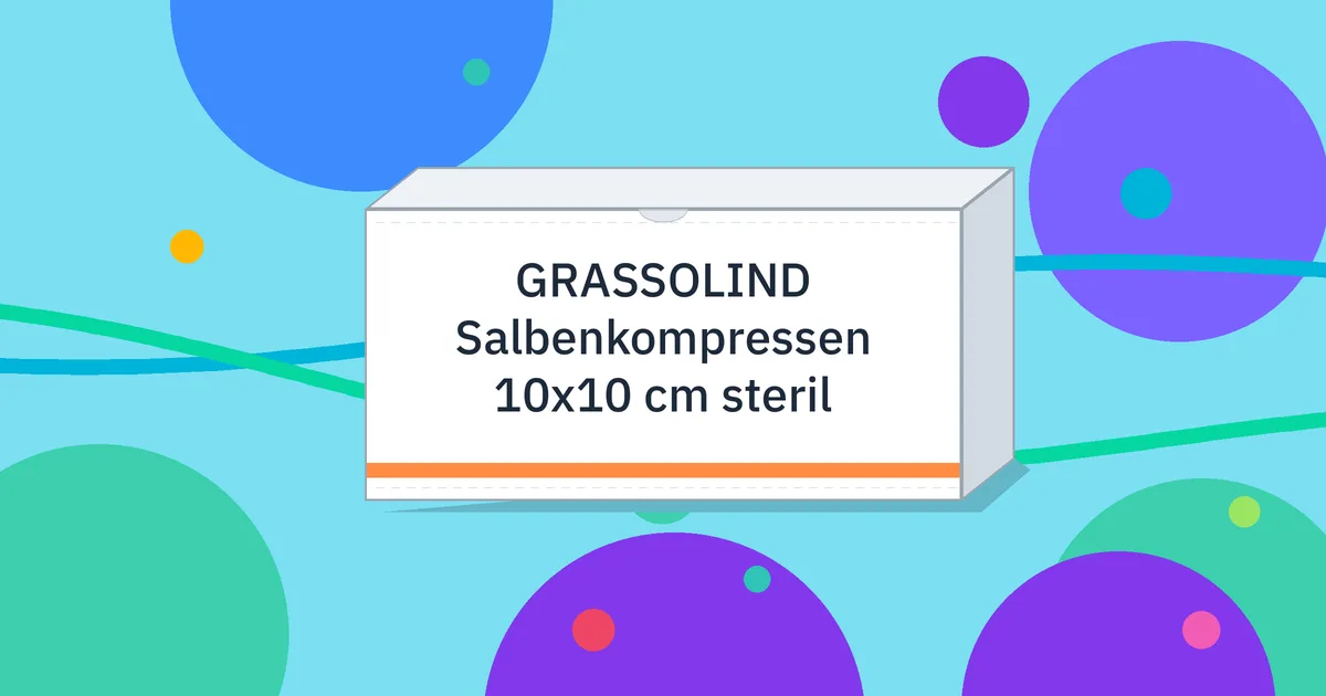 Symbolbild: Packung mit der Aufschrift GRASSOLIND Salbenkompressen 10x10 cm steril (PZN 16682421) – Verfügbarkeit und Bezug in Apotheken in Frankfurt am Main