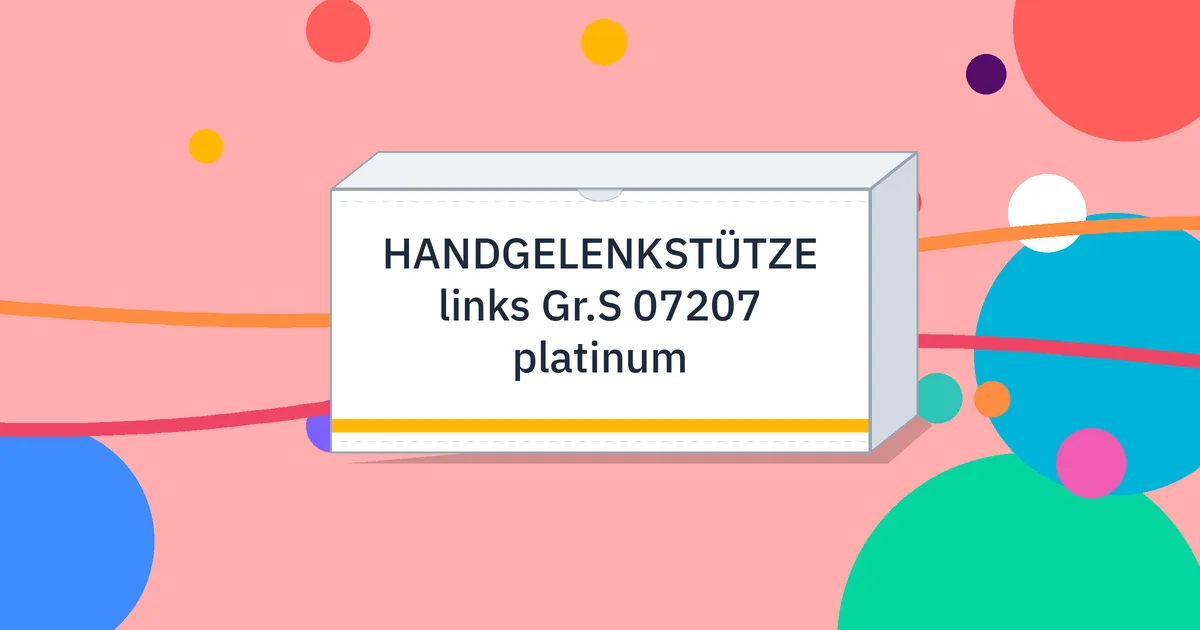 Symbolbild: Packung mit der Aufschrift HANDGELENKSTÜTZE links Gr.S 07207 platinum (PZN 19450740) – Verfügbarkeit und Bezug in Apotheken in Frankfurt am Main