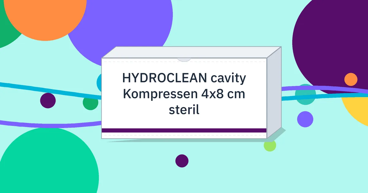 Symbolbild: Packung mit der Aufschrift HYDROCLEAN cavity Kompressen 4x8 cm steril (PZN 11693182) – Verfügbarkeit und Bezug in Apotheken in Frankfurt am Main