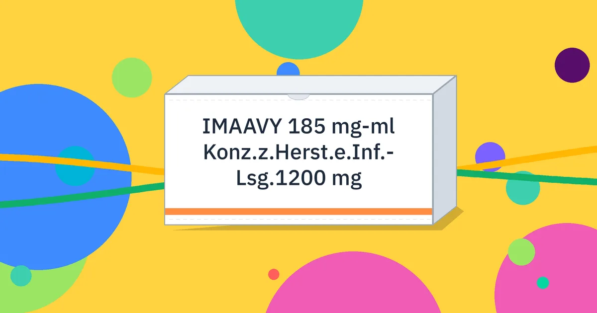 Symbolbild: Packung mit der Aufschrift IMAAVY 185 mg-ml Konz.z.Herst.e.Inf.-Lsg.1200 mg (PZN 19752613) – Verfügbarkeit und Bezug in Apotheken in Frankfurt am Main