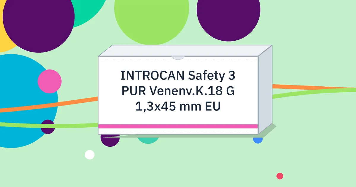 Symbolbild: Packung mit der Aufschrift INTROCAN Safety 3 PUR Venenv.K.18 G 1,3x45 mm EU (PZN 20345103) – Verfügbarkeit und Bezug in Apotheken in Frankfurt am Main