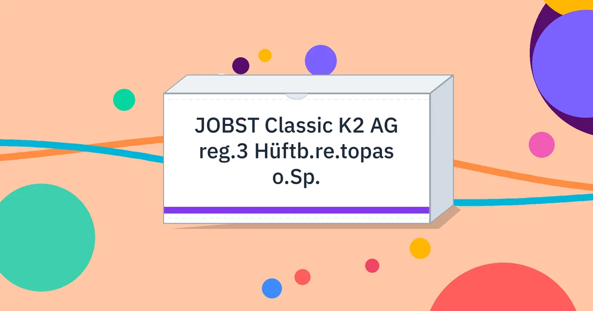 Symbolbild: Packung mit der Aufschrift JOBST Classic K2 AG reg.3 Hüftb.re.topas o.Sp. (PZN 13067508) – Verfügbarkeit und Bezug in Apotheken in Frankfurt am Main