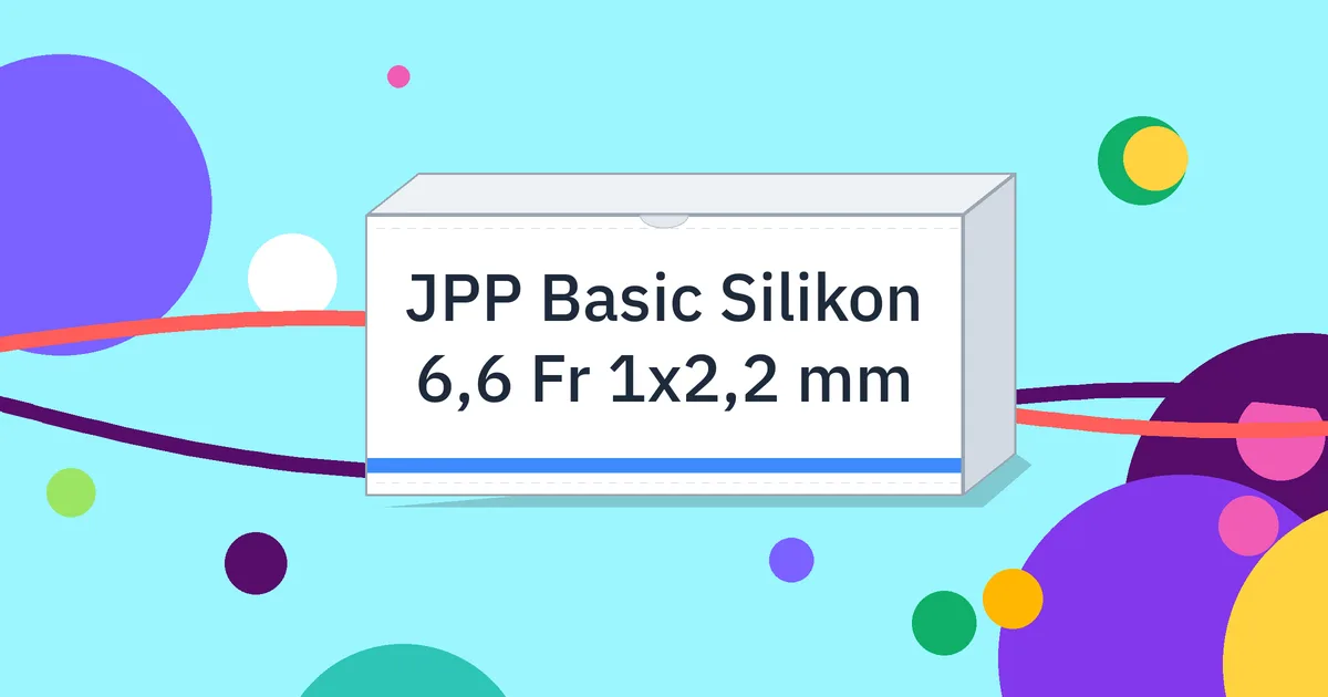 Symbolbild: Packung mit der Aufschrift JPP Basic Silikon 6,6 Fr 1x2,2 mm (PZN 17588428) – Verfügbarkeit und Bezug in Apotheken in Frankfurt am Main