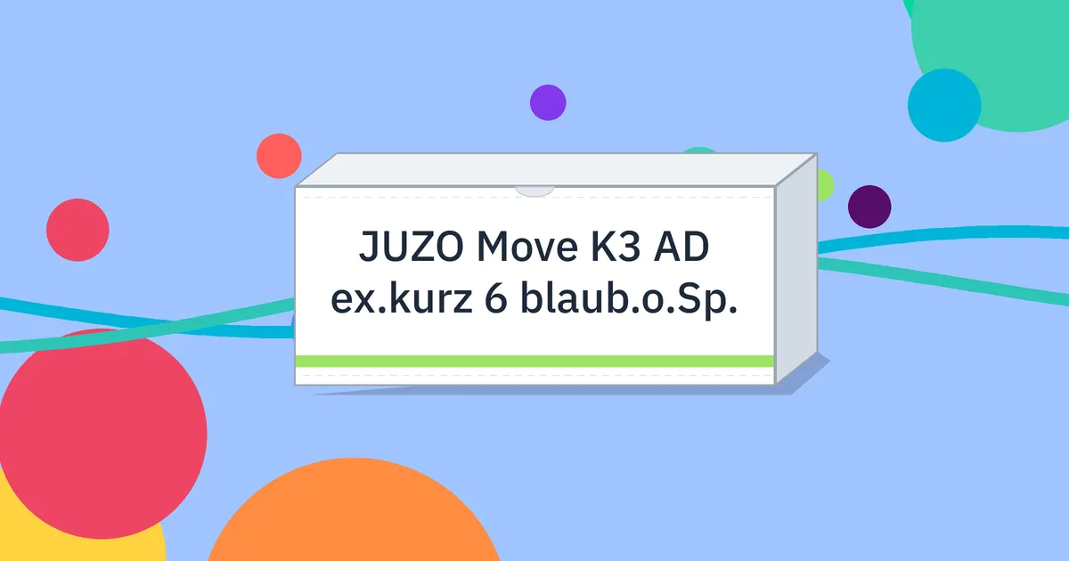 Symbolbild: Packung mit der Aufschrift JUZO Move K3 AD ex.kurz 6 blaub.o.Sp. (PZN 18573825) – Verfügbarkeit und Bezug in Apotheken in Frankfurt am Main