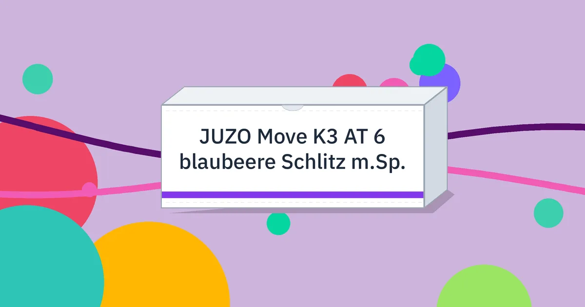 Symbolbild: Packung mit der Aufschrift JUZO Move K3 AT 6 blaubeere Schlitz m.Sp. (PZN 20678046) – Verfügbarkeit und Bezug in Apotheken in Frankfurt am Main