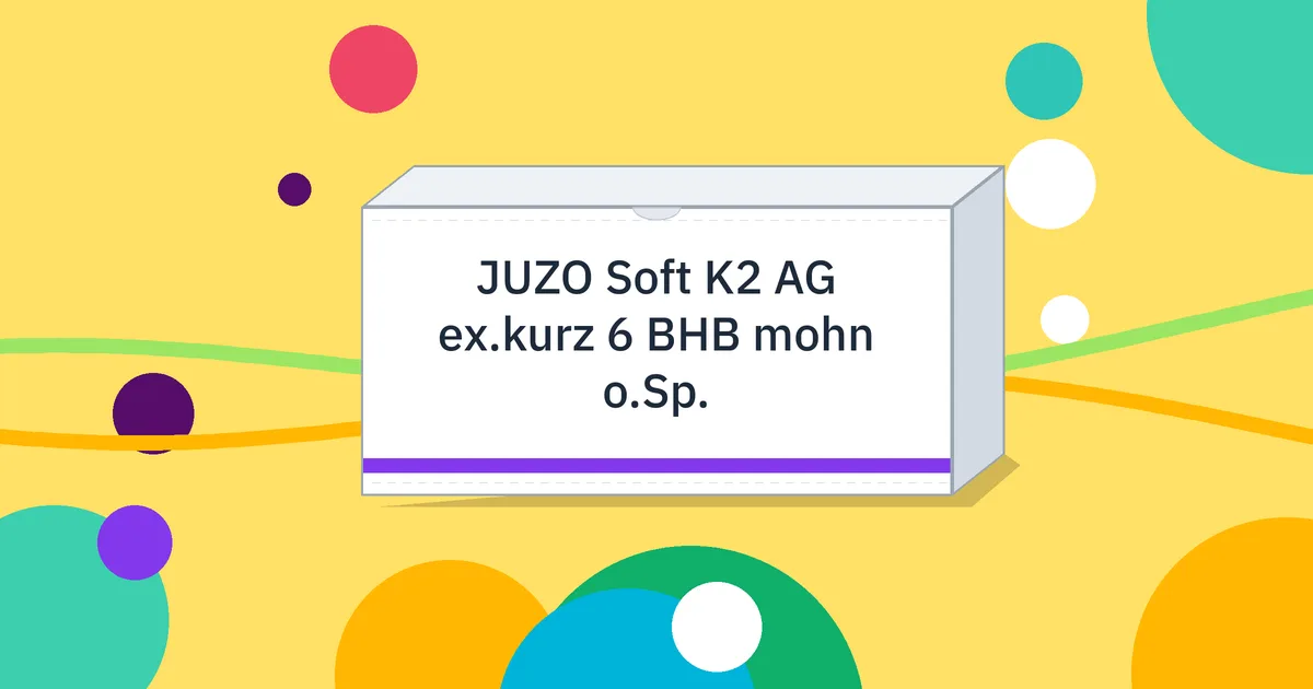 Symbolbild: Packung mit der Aufschrift JUZO Soft K2 AG ex.kurz 6 BHB mohn o.Sp. (PZN 14828464) – Verfügbarkeit und Bezug in Apotheken in Frankfurt am Main