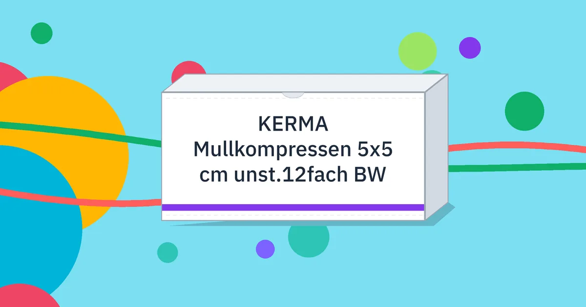 Symbolbild: Packung mit der Aufschrift KERMA Mullkompressen 5x5 cm unst.12fach BW (PZN 01901946) – Verfügbarkeit und Bezug in Apotheken in Frankfurt am Main