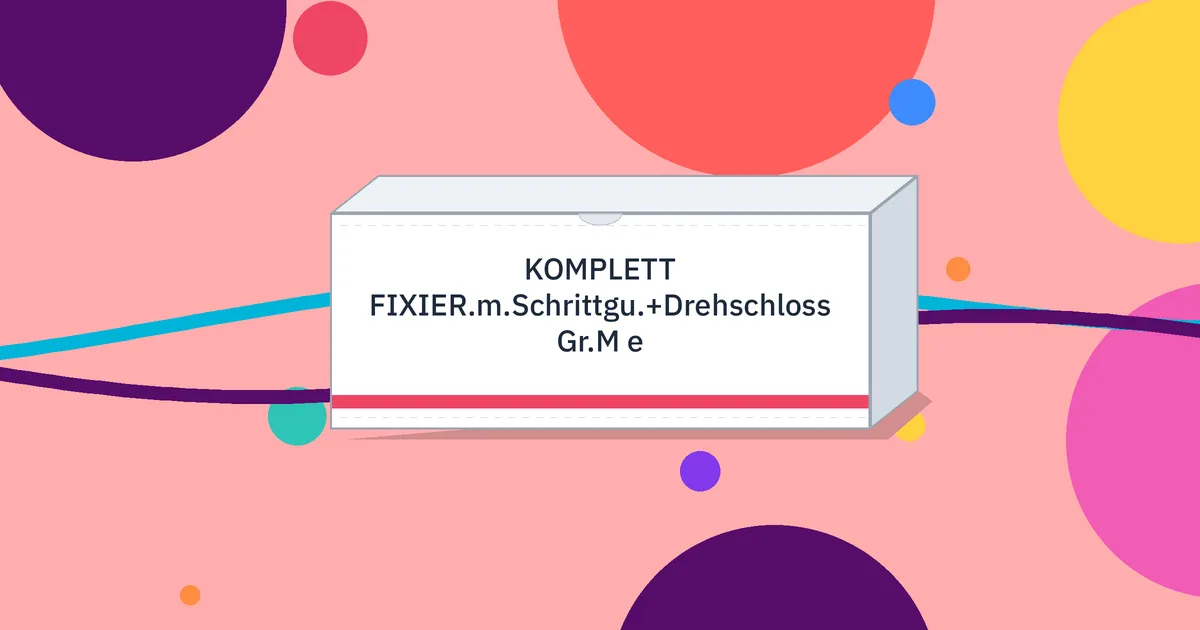 Symbolbild: Packung mit der Aufschrift KOMPLETT FIXIER.m.Schrittgu.+Drehschloss Gr.M e (PZN 11573236) – Verfügbarkeit und Bezug in Apotheken in Frankfurt am Main
