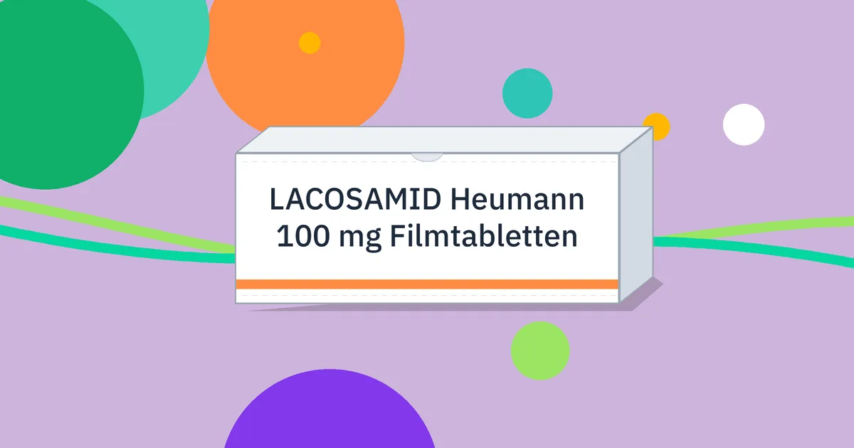 Symbolbild: Packung mit der Aufschrift LACOSAMID Heumann 100 mg Filmtabletten (PZN 16358235) – Verfügbarkeit und Bezug in Apotheken in Frankfurt am Main