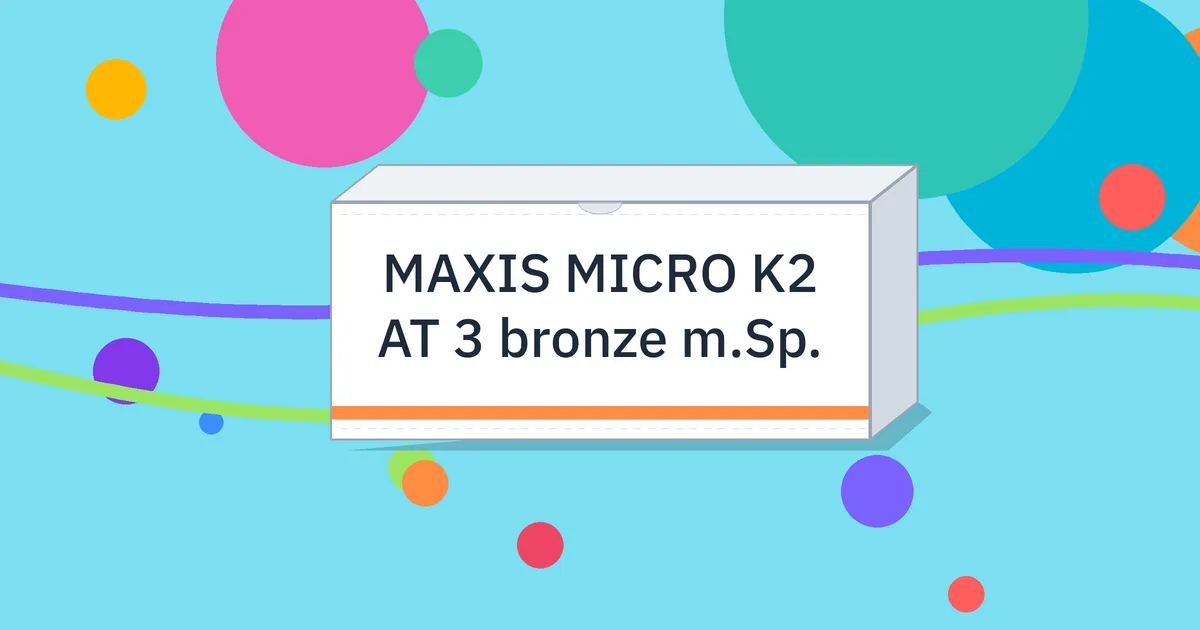 Symbolbild: Packung mit der Aufschrift MAXIS MICRO K2 AT 3 bronze m.Sp. (PZN 17672867) – Verfügbarkeit und Bezug in Apotheken in Frankfurt am Main