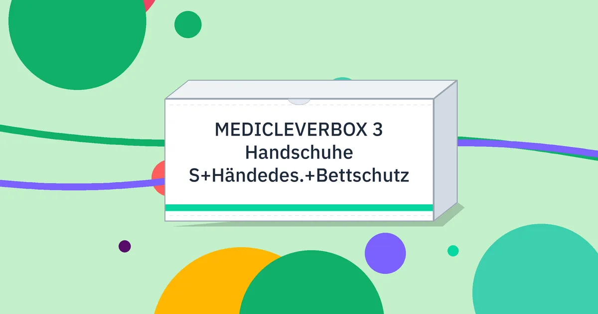Symbolbild: Packung mit der Aufschrift MEDICLEVERBOX 3 Handschuhe S+Händedes.+Bettschutz (PZN 19053358) – Verfügbarkeit und Bezug in Apotheken in Frankfurt am Main