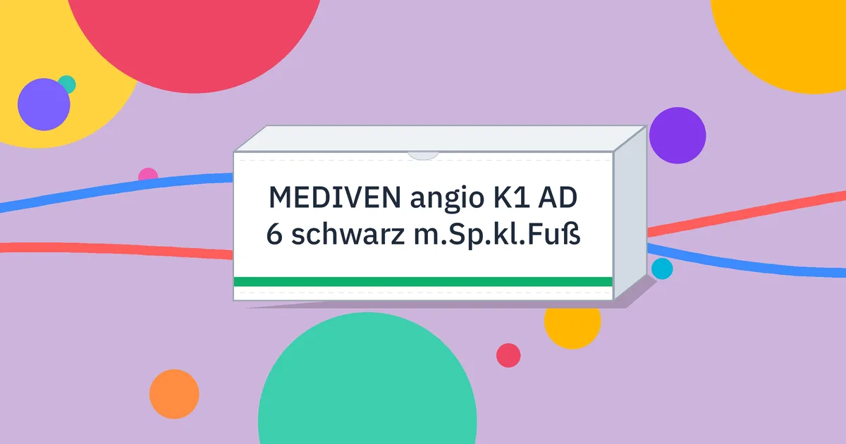 Symbolbild: Packung mit der Aufschrift MEDIVEN angio K1 AD 6 schwarz m.Sp.kl.Fuß (PZN 17210144) – Verfügbarkeit und Bezug in Apotheken in Frankfurt am Main