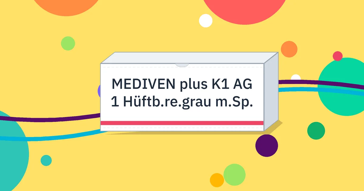Symbolbild: Packung mit der Aufschrift MEDIVEN plus K1 AG 1 Hüftb.re.grau m.Sp. (PZN 18938907) – Verfügbarkeit und Bezug in Apotheken in Frankfurt am Main