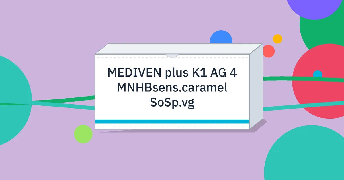 Symbolbild: Packung mit der Aufschrift MEDIVEN plus K1 AG 4 MNHBsens.caramel SoSp.vg (PZN 16072409) – Verfügbarkeit und Bezug in Apotheken in Frankfurt am Main