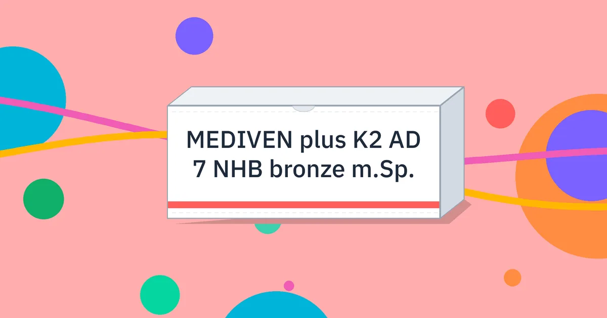 Symbolbild: Packung mit der Aufschrift MEDIVEN plus K2 AD 7 NHB bronze m.Sp. (PZN 15937037) – Verfügbarkeit und Bezug in Apotheken in Frankfurt am Main