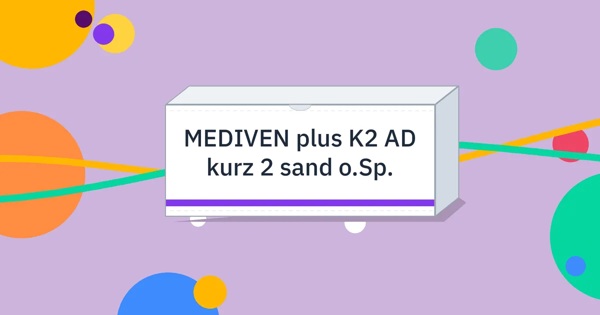 Symbolbild: Packung mit der Aufschrift MEDIVEN plus K2 AD kurz 2 sand o.Sp. (PZN 18946953) – Verfügbarkeit und Bezug in Apotheken in Frankfurt am Main