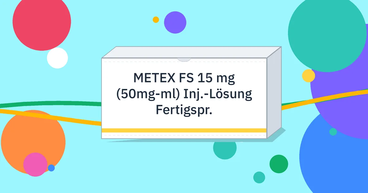 Symbolbild: Packung mit der Aufschrift METEX FS 15 mg (50mg-ml) Inj.-Lösung Fertigspr. (PZN 18502676) – Verfügbarkeit und Bezug in Apotheken in Frankfurt am Main
