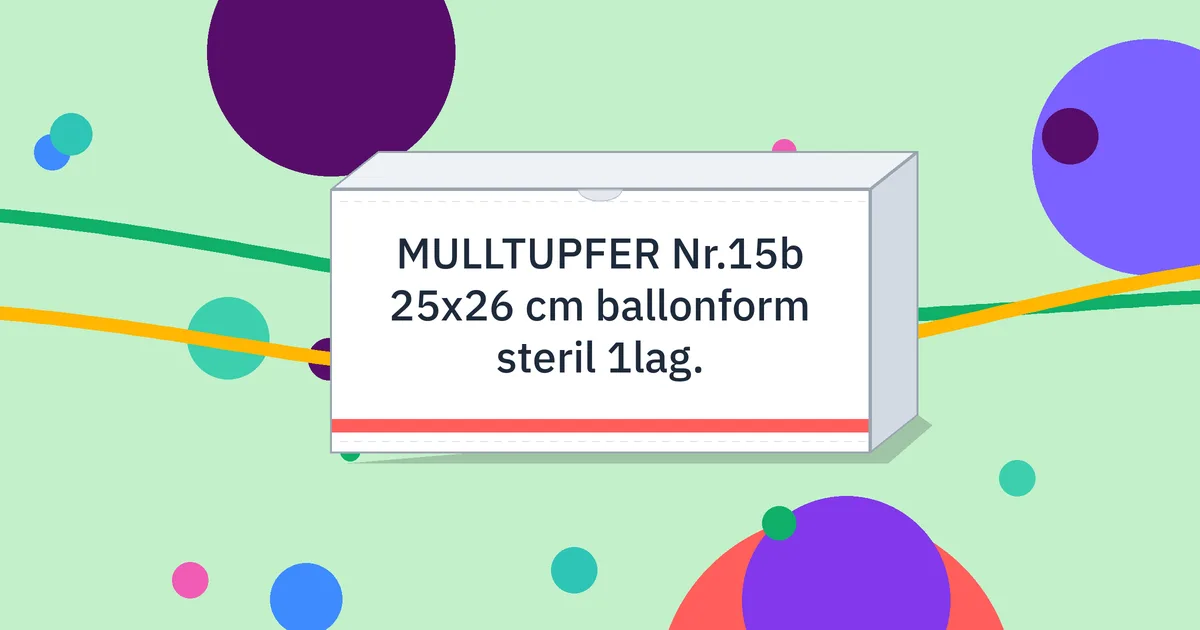 Symbolbild: Packung mit der Aufschrift MULLTUPFER Nr.15b 25x26 cm ballonform steril 1lag. (PZN 14267020) – Verfügbarkeit und Bezug in Apotheken in Frankfurt am Main