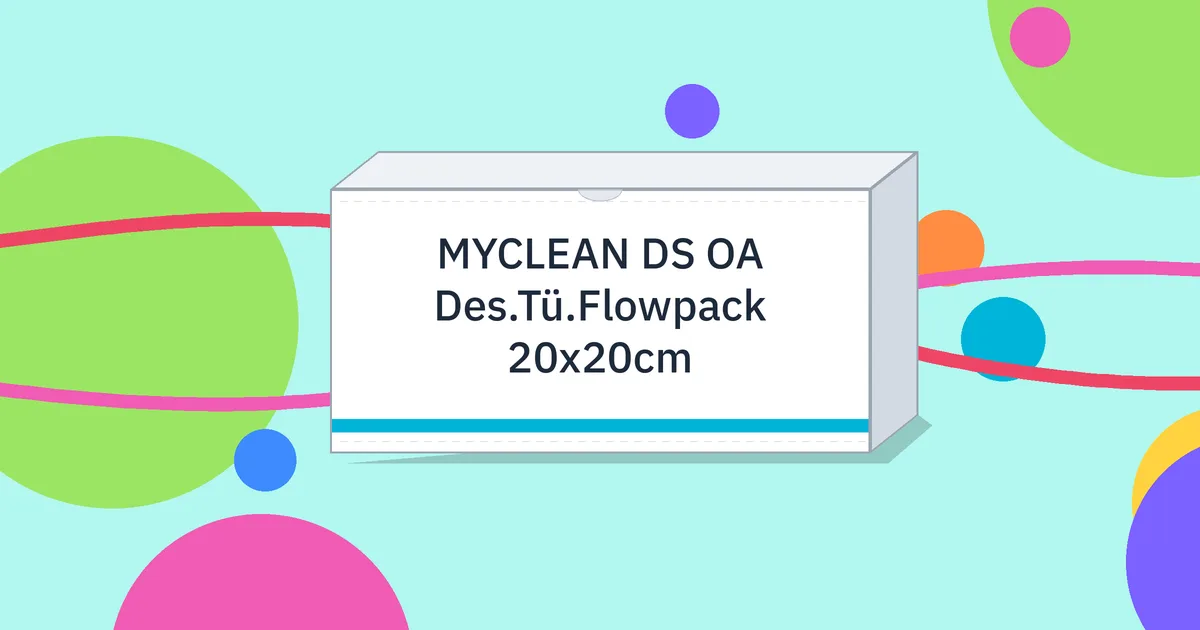 Symbolbild: Packung mit der Aufschrift MYCLEAN DS OA Des.Tü.Flowpack 20x20cm (PZN 20632127) – Verfügbarkeit und Bezug in Apotheken in Frankfurt am Main