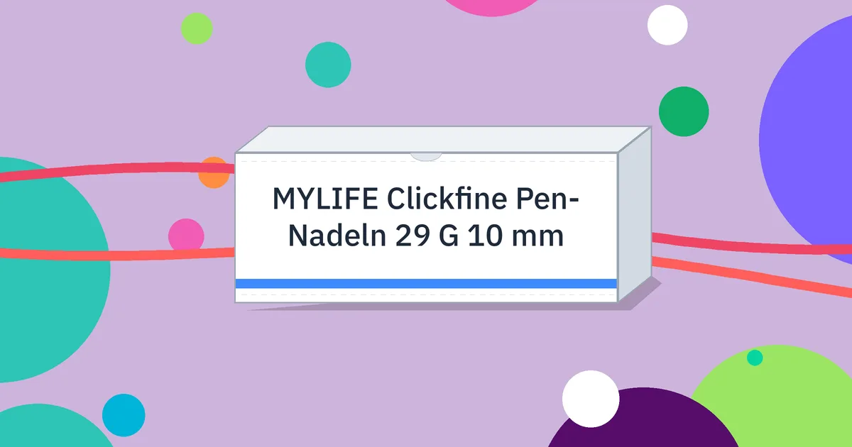 Symbolbild: Packung mit der Aufschrift MYLIFE Clickfine Pen-Nadeln 29 G 10 mm (PZN 19809307) – Verfügbarkeit und Bezug in Apotheken in Frankfurt am Main
