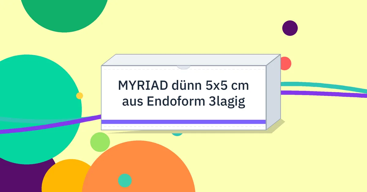 Symbolbild: Packung mit der Aufschrift MYRIAD dünn 5x5 cm aus Endoform 3lagig (PZN 18131027) – Verfügbarkeit und Bezug in Apotheken in Frankfurt am Main