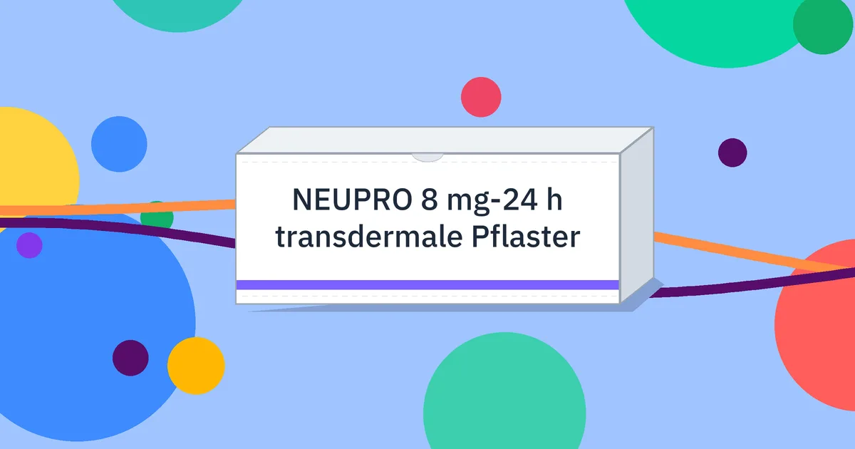 Symbolbild: Packung mit der Aufschrift NEUPRO 8 mg-24 h transdermale Pflaster (PZN 19376386) – Verfügbarkeit und Bezug in Apotheken in Frankfurt am Main