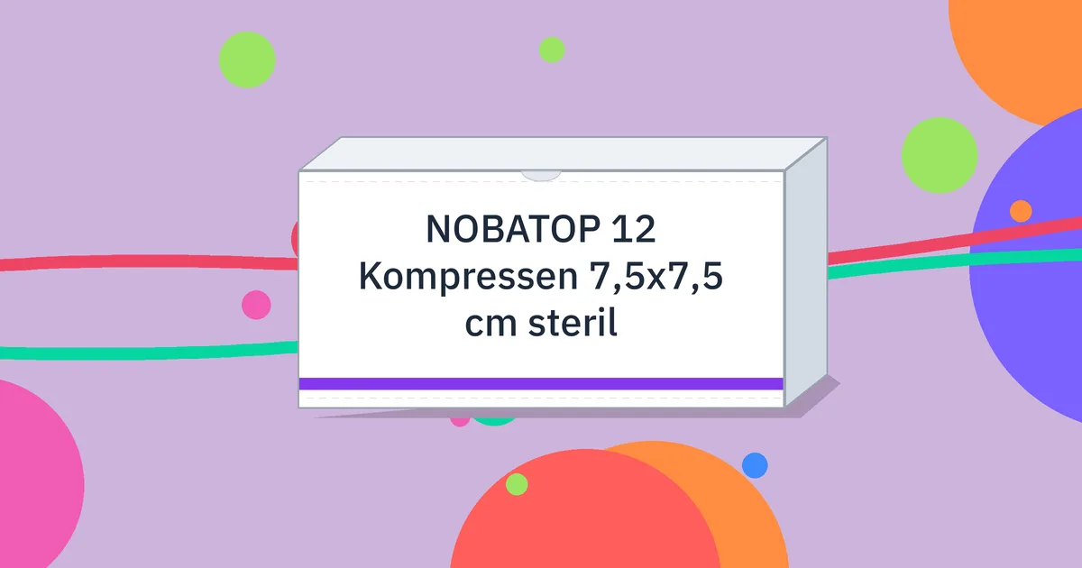 Symbolbild: Packung mit der Aufschrift NOBATOP 12 Kompressen 7,5x7,5 cm steril (PZN 16259562) – Verfügbarkeit und Bezug in Apotheken in Frankfurt am Main