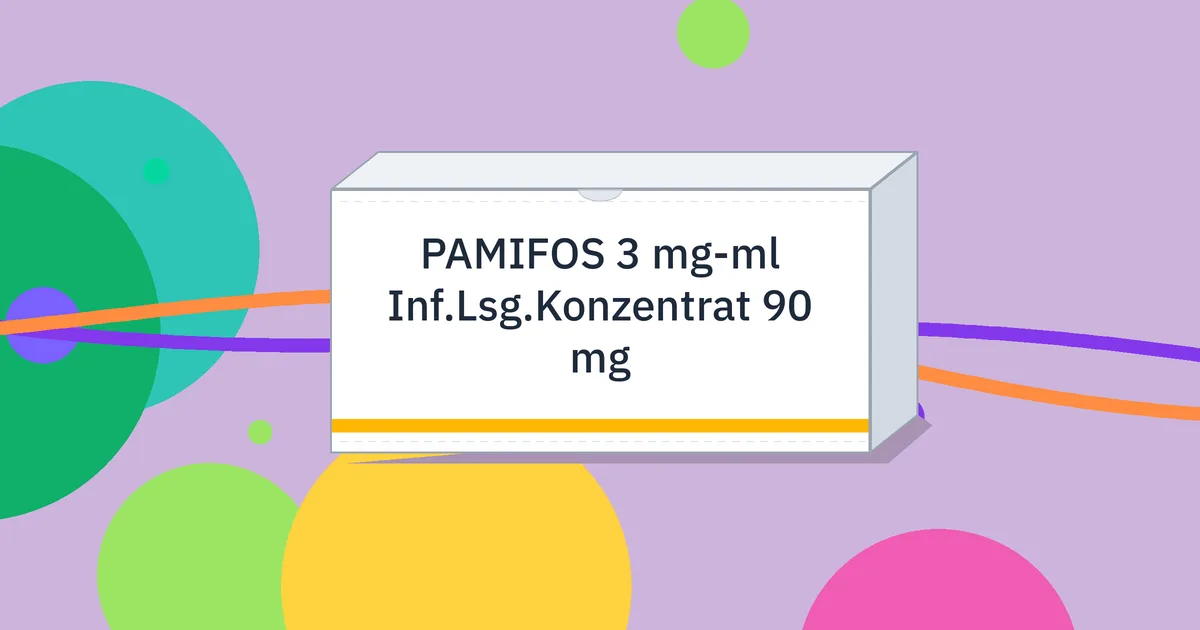 Symbolbild: Packung mit der Aufschrift PAMIFOS 3 mg-ml Inf.Lsg.Konzentrat 90 mg (PZN 03162341) – Verfügbarkeit und Bezug in Apotheken in Frankfurt am Main