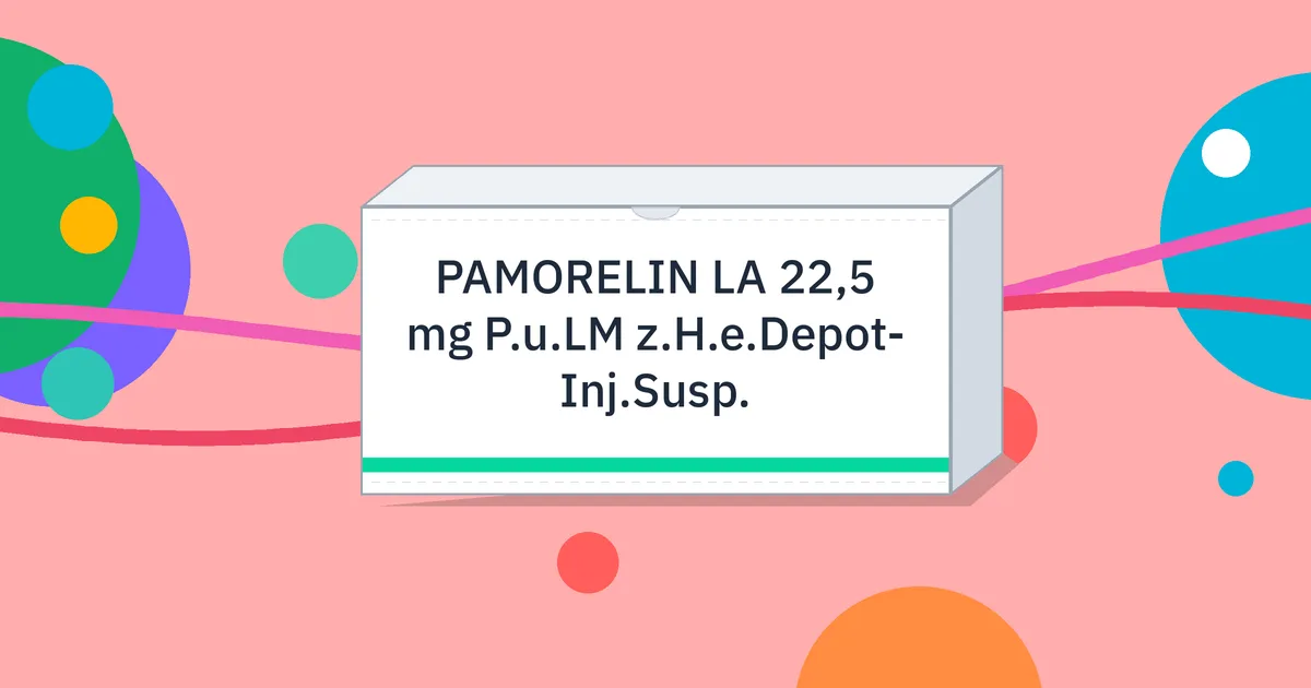 Symbolbild: Packung mit der Aufschrift PAMORELIN LA 22,5 mg P.u.LM z.H.e.Depot-Inj.Susp. (PZN 15587560) – Verfügbarkeit und Bezug in Apotheken in Frankfurt am Main