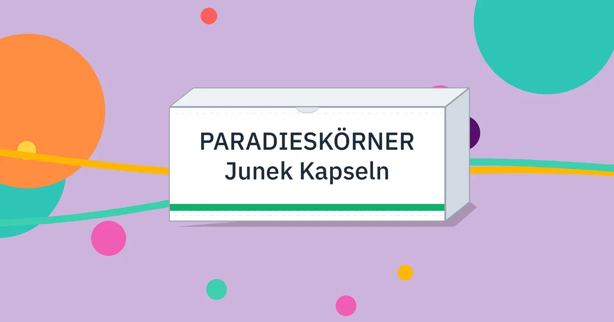 Symbolbild: Packung mit der Aufschrift PARADIESKÖRNER Junek Kapseln (PZN 20856619) – Verfügbarkeit und Bezug in Apotheken in Frankfurt am Main