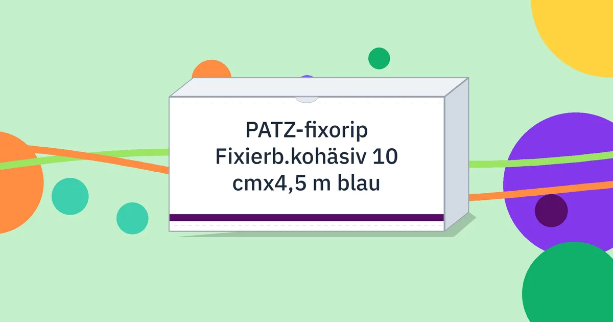 Symbolbild: Packung mit der Aufschrift PATZ-fixorip Fixierb.kohäsiv 10 cmx4,5 m blau (PZN 18450034) – Verfügbarkeit und Bezug in Apotheken in Frankfurt am Main