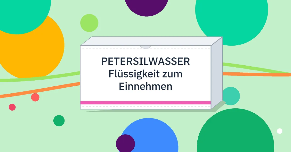 Symbolbild: Packung mit der Aufschrift PETERSILWASSER Flüssigkeit zum Einnehmen (PZN 15401443) – Verfügbarkeit und Bezug in Apotheken in Frankfurt am Main