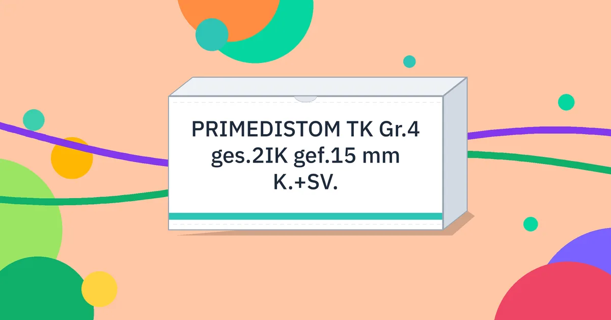 Symbolbild: Packung mit der Aufschrift PRIMEDISTOM TK Gr.4 ges.2IK gef.15 mm K.+SV. (PZN 10928200) – Verfügbarkeit und Bezug in Apotheken in Frankfurt am Main