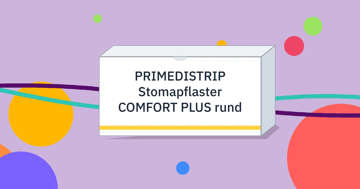 Symbolbild: Packung mit der Aufschrift PRIMEDISTRIP Stomapflaster COMFORT PLUS rund (PZN 11522262) – Verfügbarkeit und Bezug in Apotheken in Frankfurt am Main