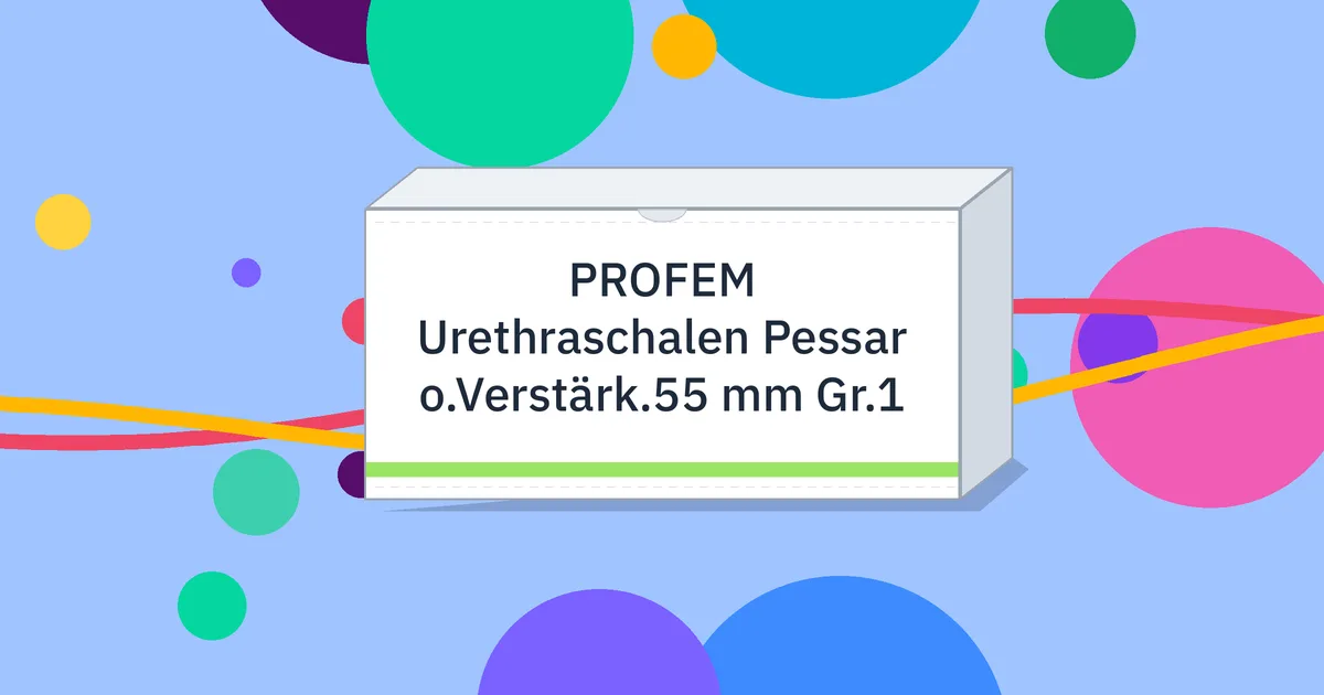 Symbolbild: Packung mit der Aufschrift PROFEM Urethraschalen Pessar o.Verstärk.55 mm Gr.1 (PZN 11672642) – Verfügbarkeit und Bezug in Apotheken in Frankfurt am Main