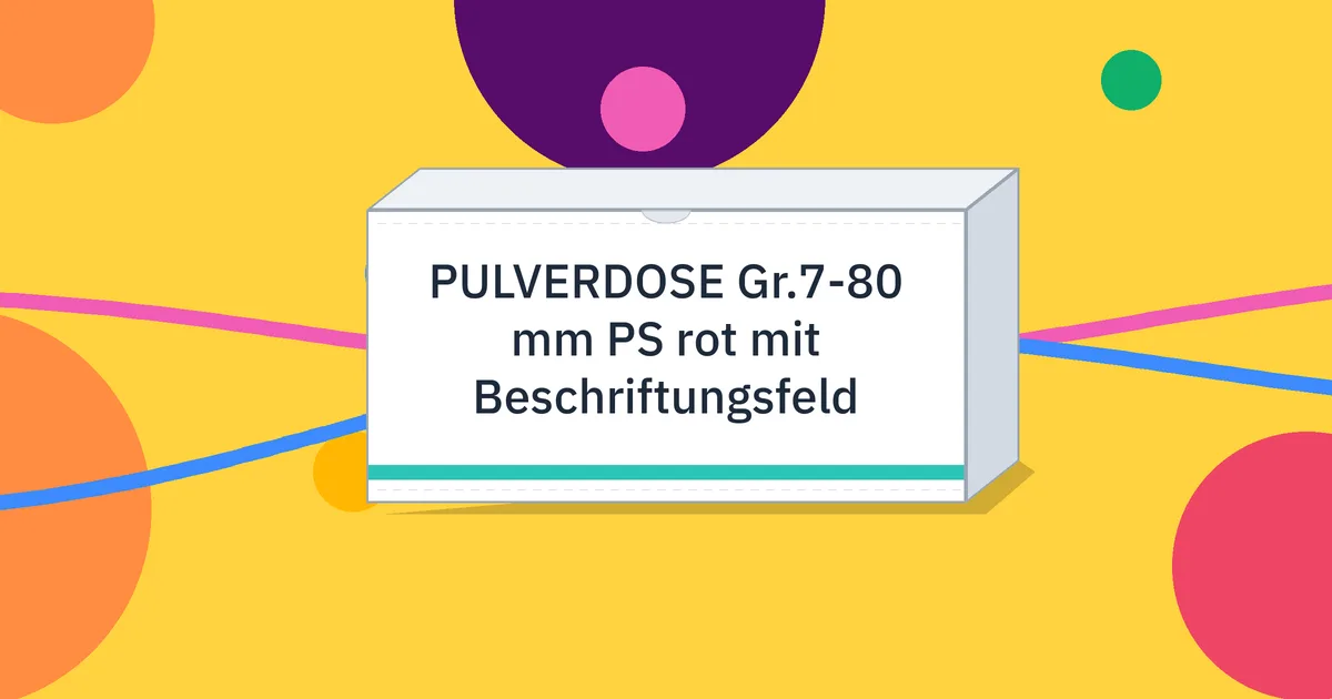 Symbolbild: Packung mit der Aufschrift PULVERDOSE Gr.7-80 mm PS rot mit Beschriftungsfeld (PZN 18222445) – Verfügbarkeit und Bezug in Apotheken in Frankfurt am Main