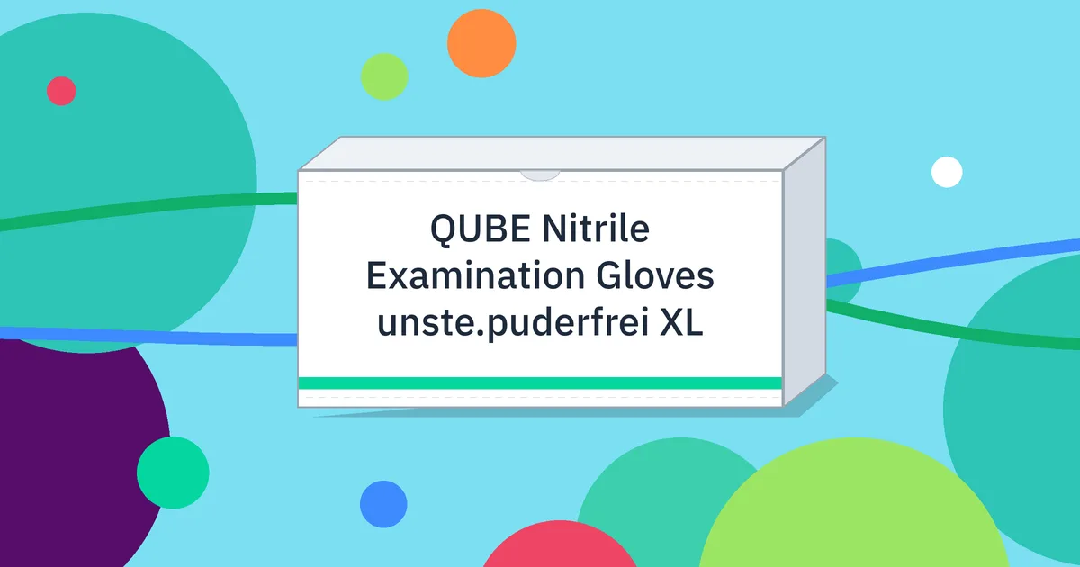 Symbolbild: Packung mit der Aufschrift QUBE Nitrile Examination Gloves unste.puderfrei XL (PZN 18797051) – Verfügbarkeit und Bezug in Apotheken in Frankfurt am Main